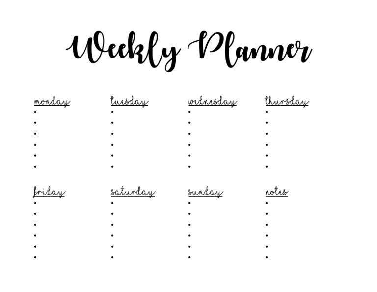 Weekly Planner: Monday Tuesday Wednesday Thursday | PDF