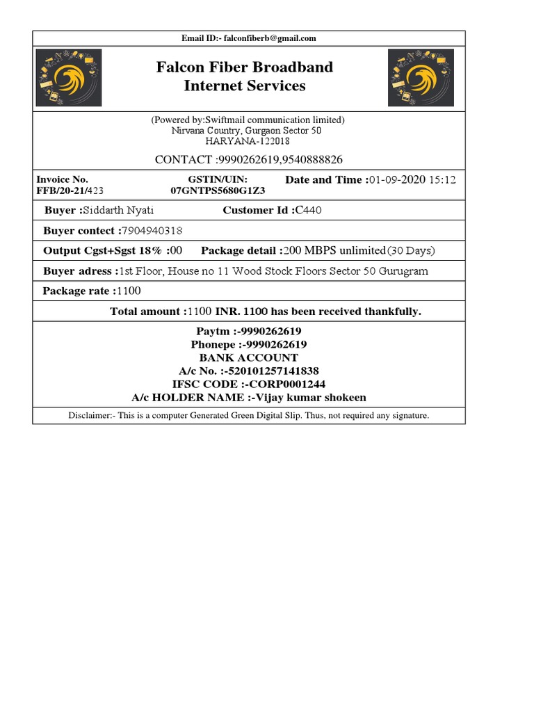 Falcon Fiber Broadband Invoice Details | PDF