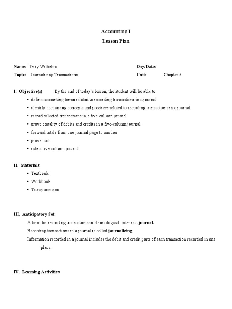 Accounting Lesson Plan L | PDF | Debits And Credits | Financial Transaction