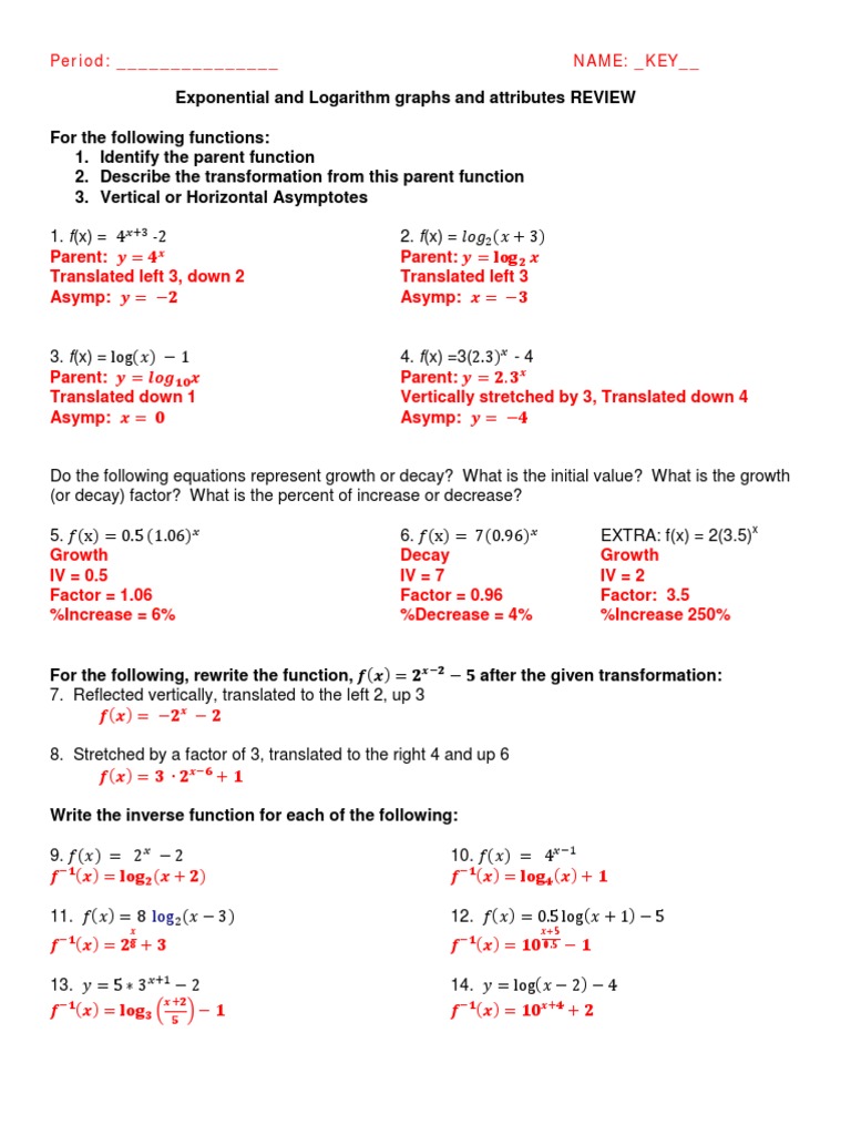 Review of Exponential and Logarithmic Functions: Transformations ...