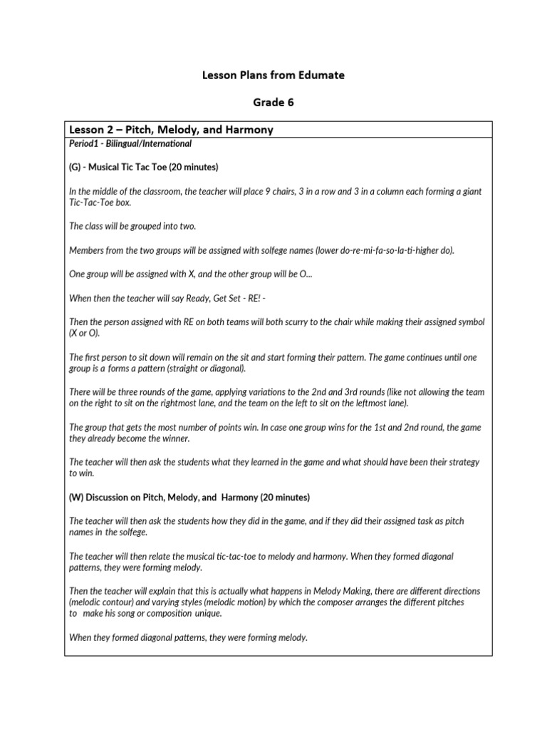 Edumate Lesson Plans Pitch Melody Harmony | PDF | Melody | Sound