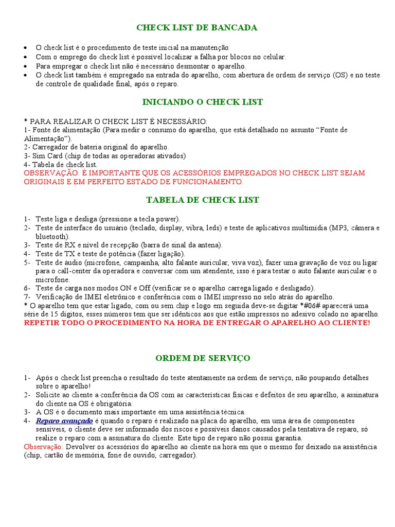 Procedimentos para realização de check list e preenchimento de ordem de ...