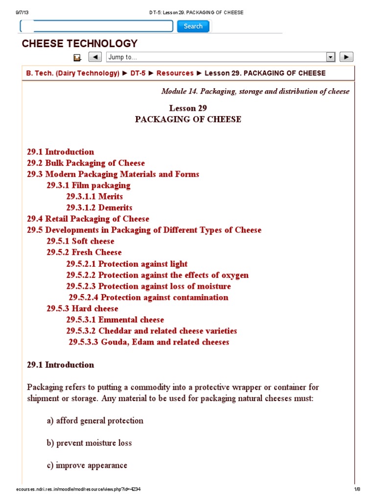 Cheese Technology: Module 14. Packaging, Storage and Distribution of ...