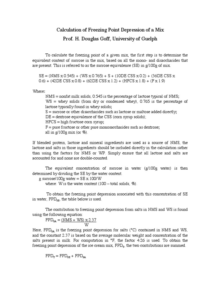 Calculation of Freezing Point Depression of A Mix Prof. H. Douglas Goff ...
