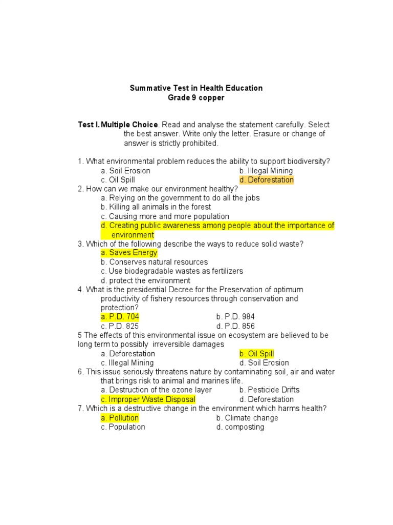 Summative Test in Health Ed. G-9 | PDF | Habitat Destruction | Waste