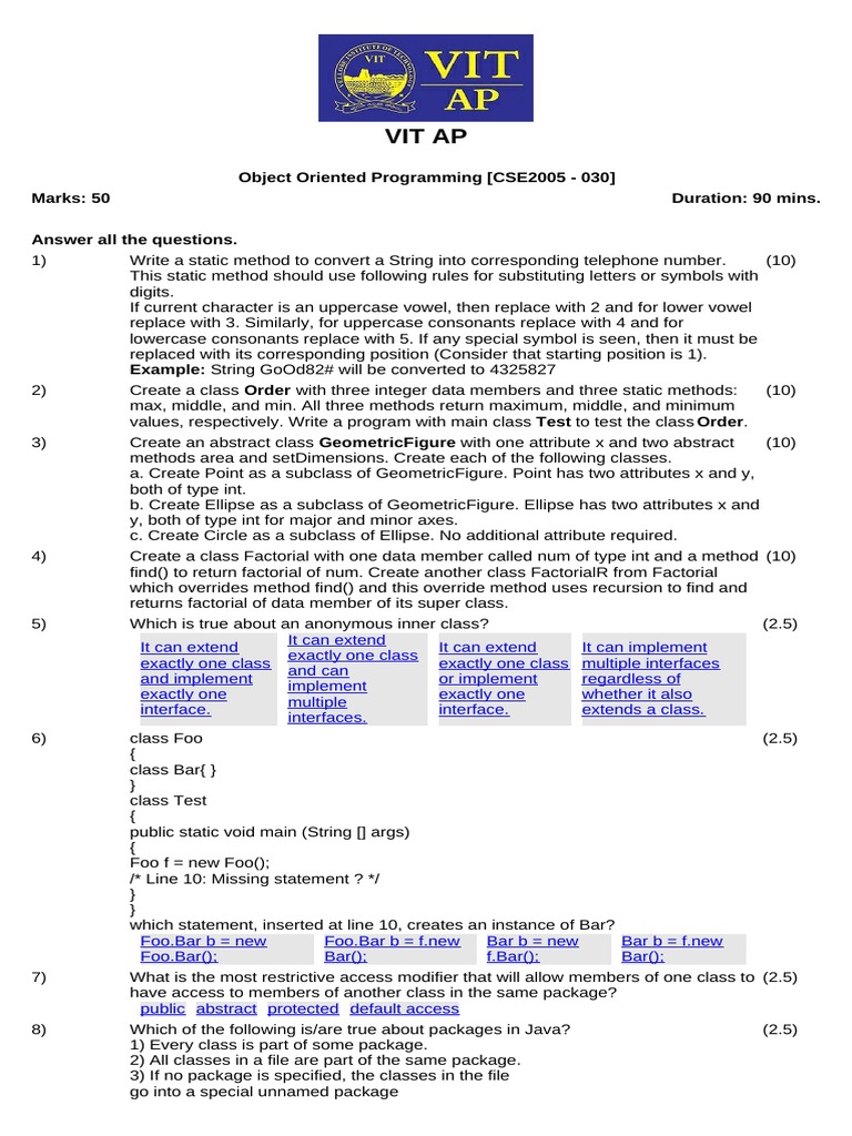 CSE2005 - Fall 19-20 - CAT-1 | PDF | Class (Computer Programming) | Method (Computer Programming)