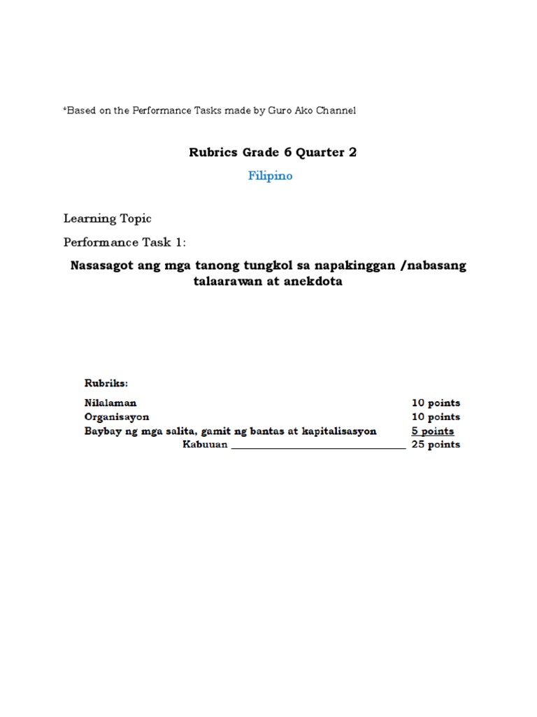 Rubrics For Performance Tasks Q2-FILIPINO 6 | PDF