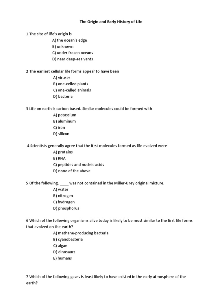 Origin of Life Quiz | PDF | Abiogenesis | Cell (Biology)