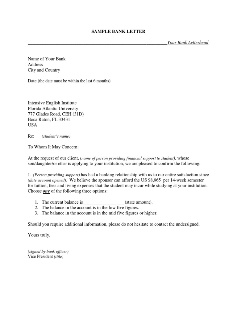Sample Bank Letter - Your Bank Letterhead | PDF