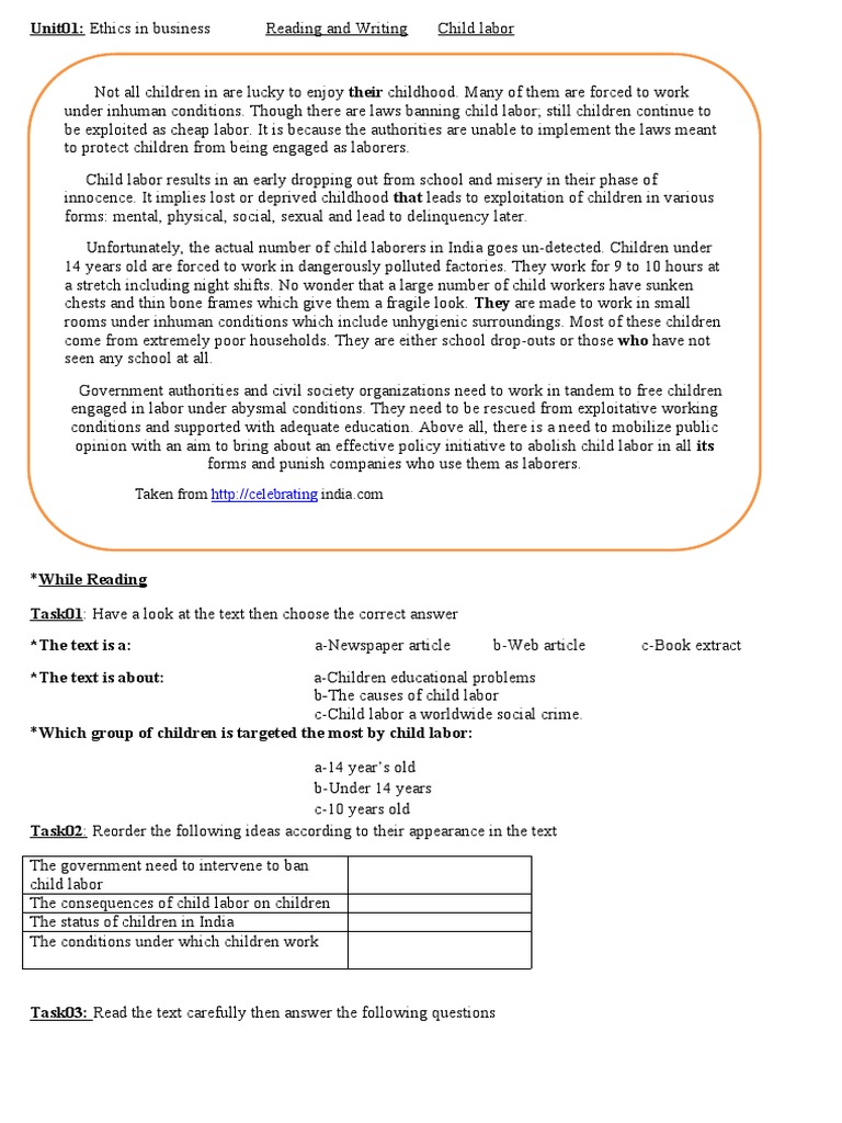 Child Labor Worksheet | Download Free PDF | Child Labour | Word