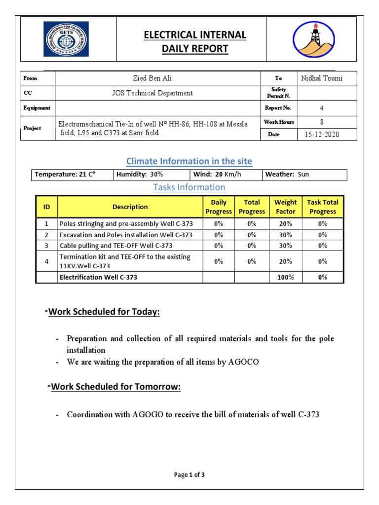 Electrical Internal Daily Report: Climate Information in The Site Tasks ...