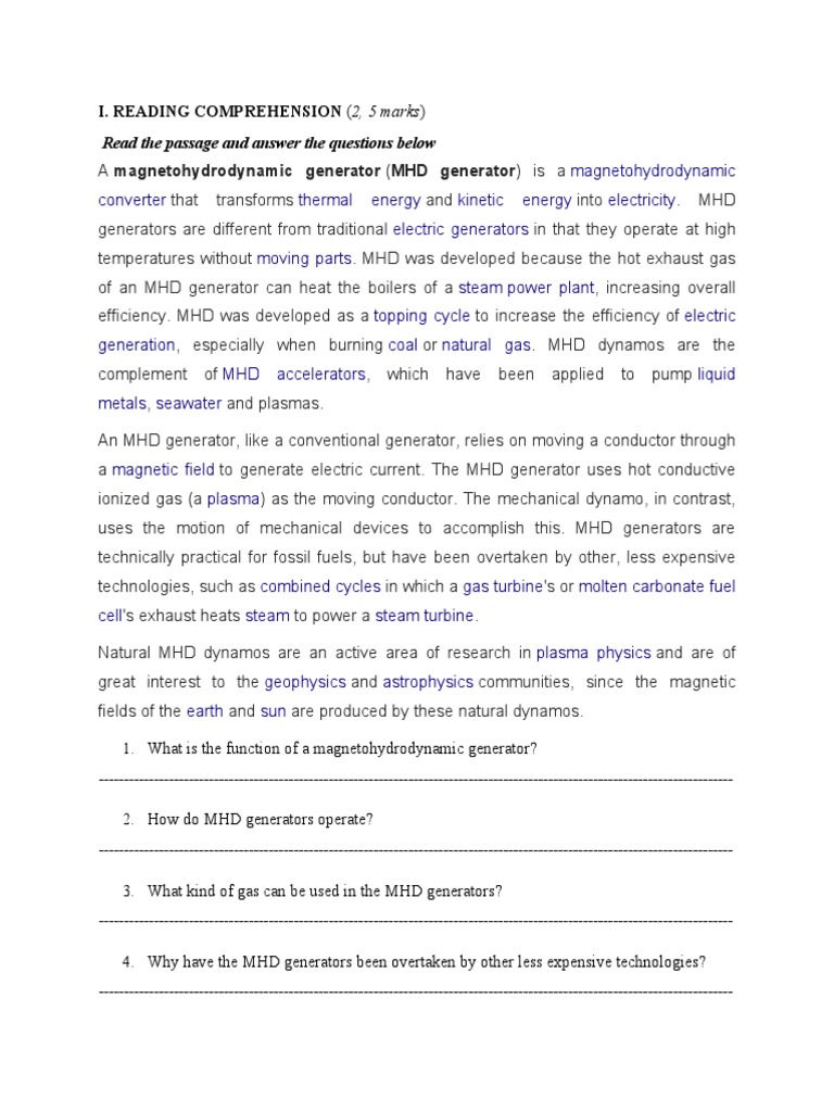 Read The Passage and Answer The Questions Below: I. Reading ...