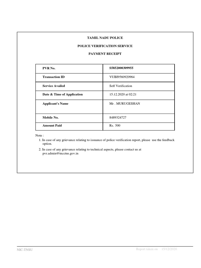 Tamil Nadu Police Police Verification Service Payment Receipt | PDF