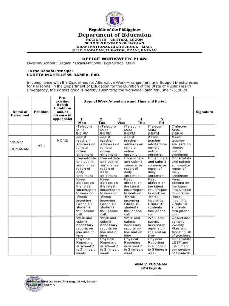 Department of Education: Office Workweek Plan | PDF | Learning | Government