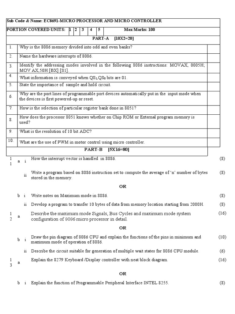 Sub Code & Name: Ec8691-Micro Processor and Micro Controller Portion Covered Units: 1 2 3 4 5 ...