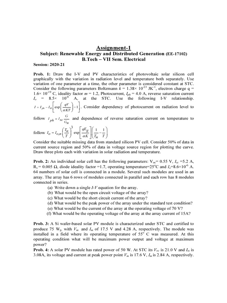 Assignment-1: Subject: Renewable Energy and Distributed Generation B ...