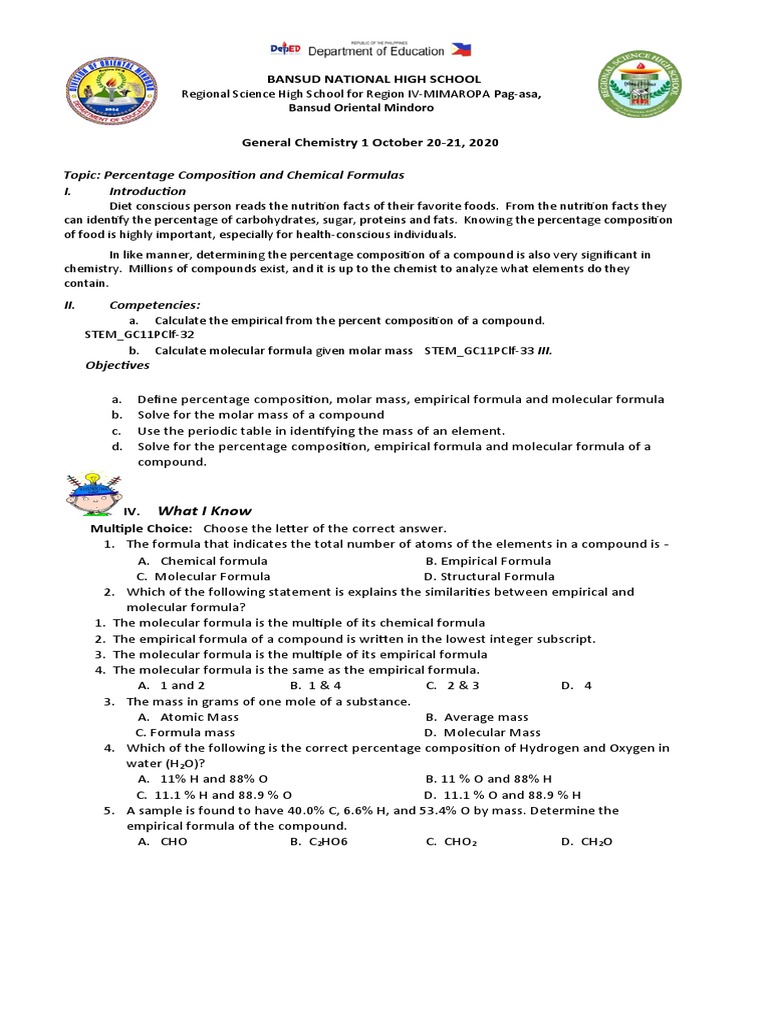Chem 1 Percentage Composition and Chemical Formulas | PDF | Molecular ...