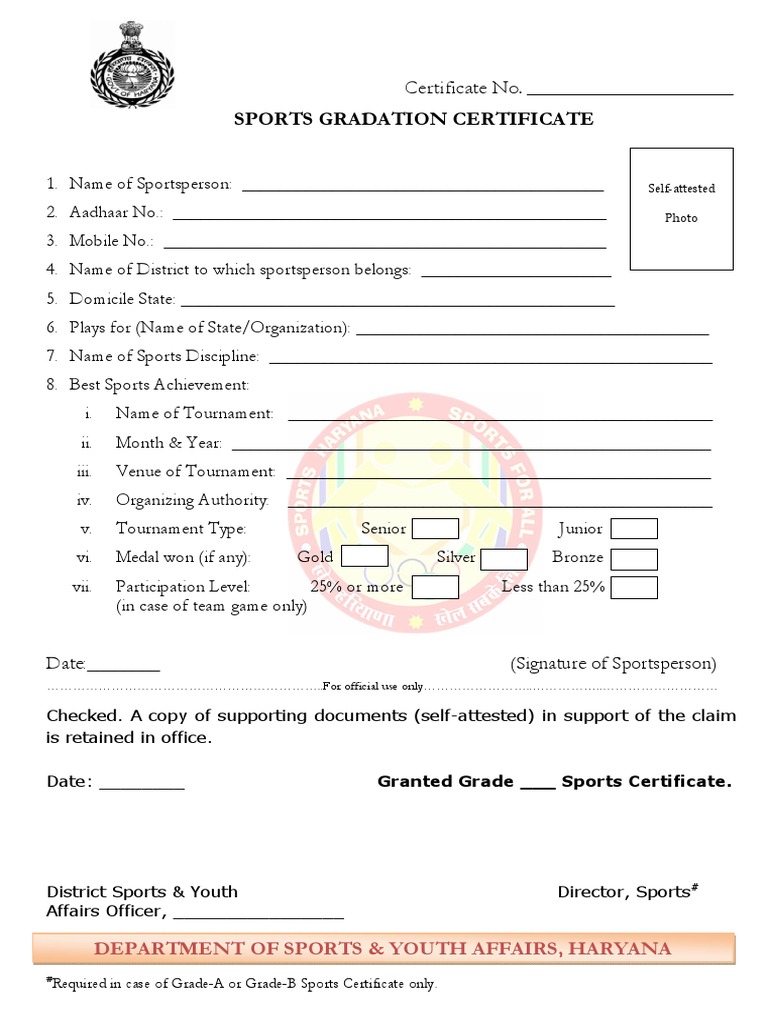 Certificate No. Sports Gradation Certificate: Department of Sports & Youth Affairs, Haryana ...