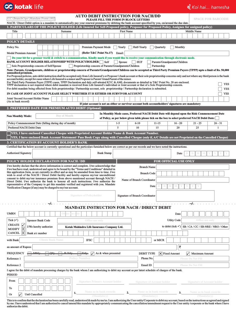 Auto Debit Instruction For Nach/Dd: Cc/Branchops/Mandate Form/002 | PDF | Insurance | Debit Card