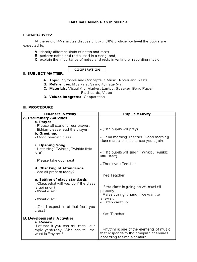 Detailed Lesson Plan in Music 4 RHYTHM (TACULOD, JHONRAY C. 3 BEED B ...