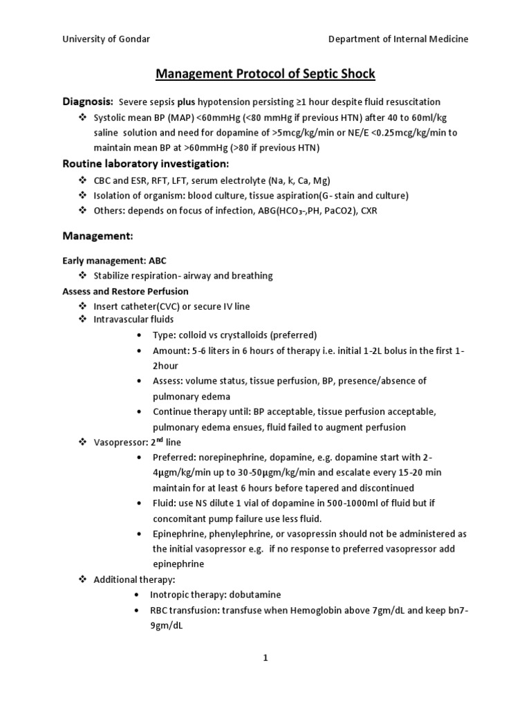 Management Protocol of Septic Shock | PDF | Sepsis | Diseases And Disorders