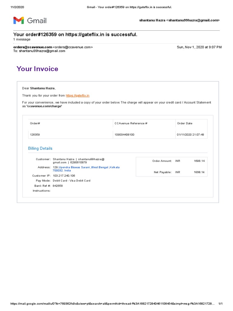 Gmail - Your Order#126359 On Https - Gateflix - in Is Successful | PDF