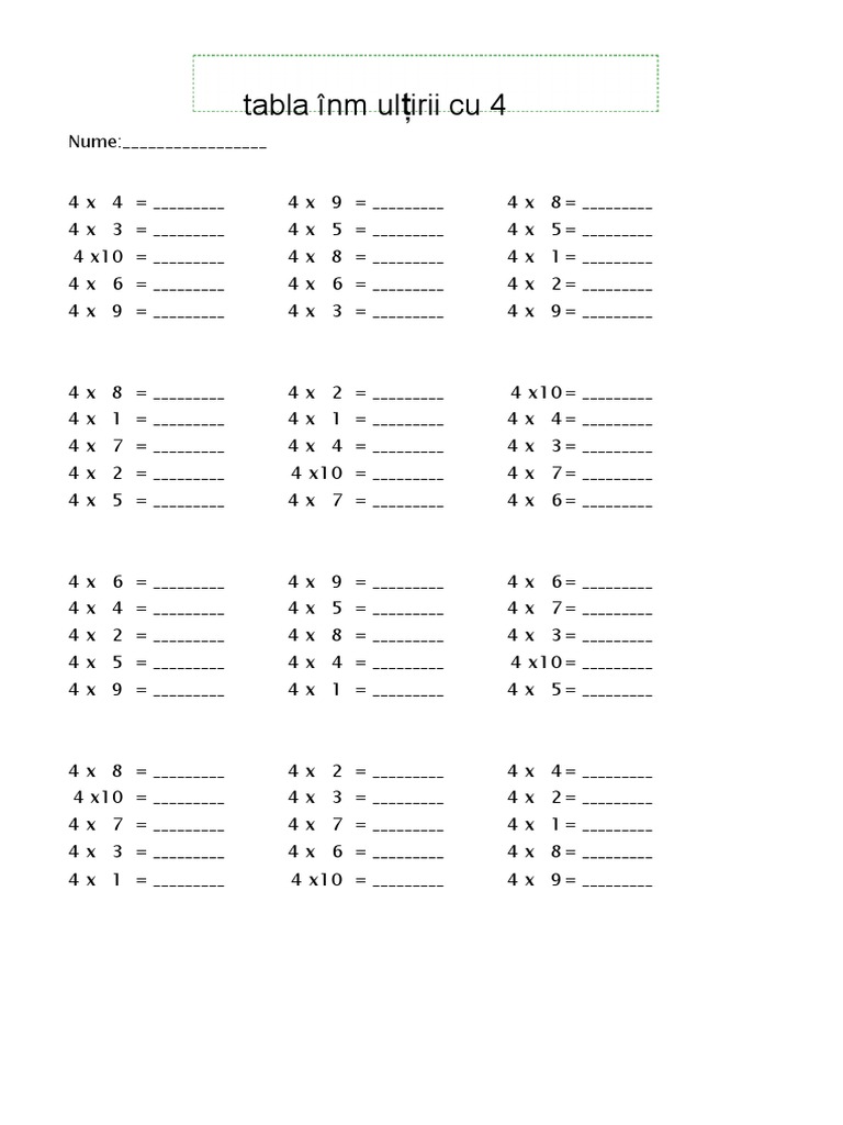 Fise de Lucru Cu Tabla Inmultirii Cu 4 ws4 | PDF