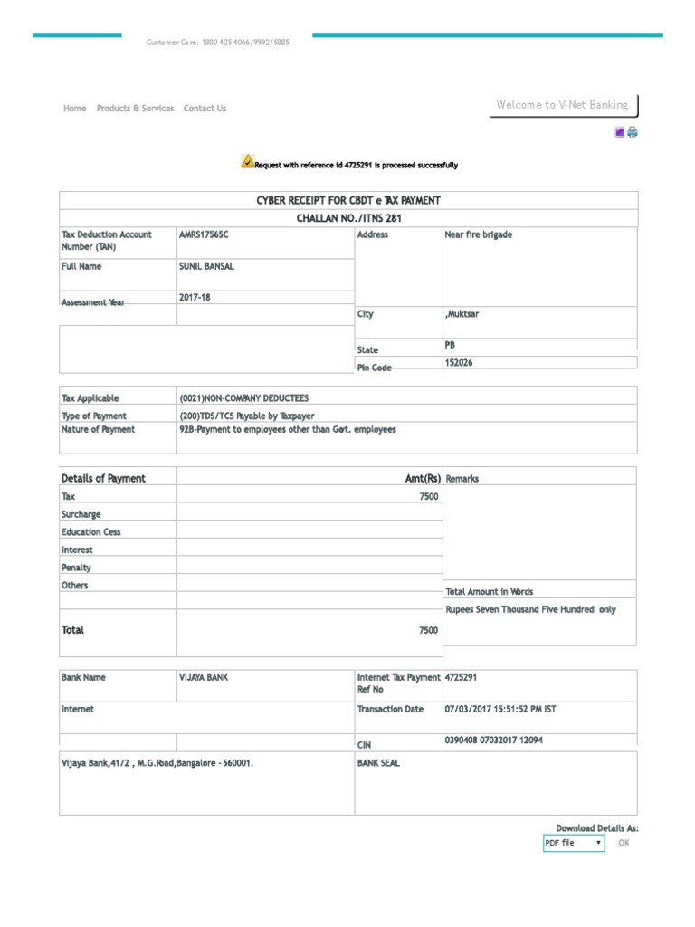 Cyber Receipt For CBDT E Tax Payment Challan No./Itns 281: Home ...