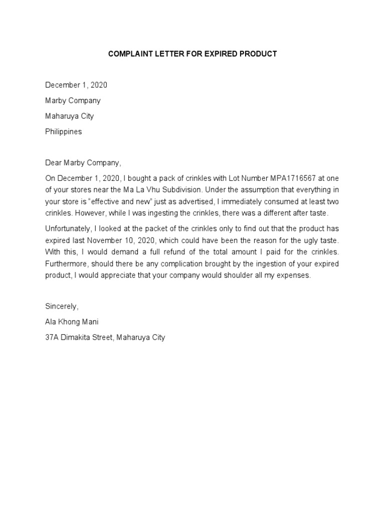 Complaint Letter For Expired Product - Sy Joana Benjamin | PDF
