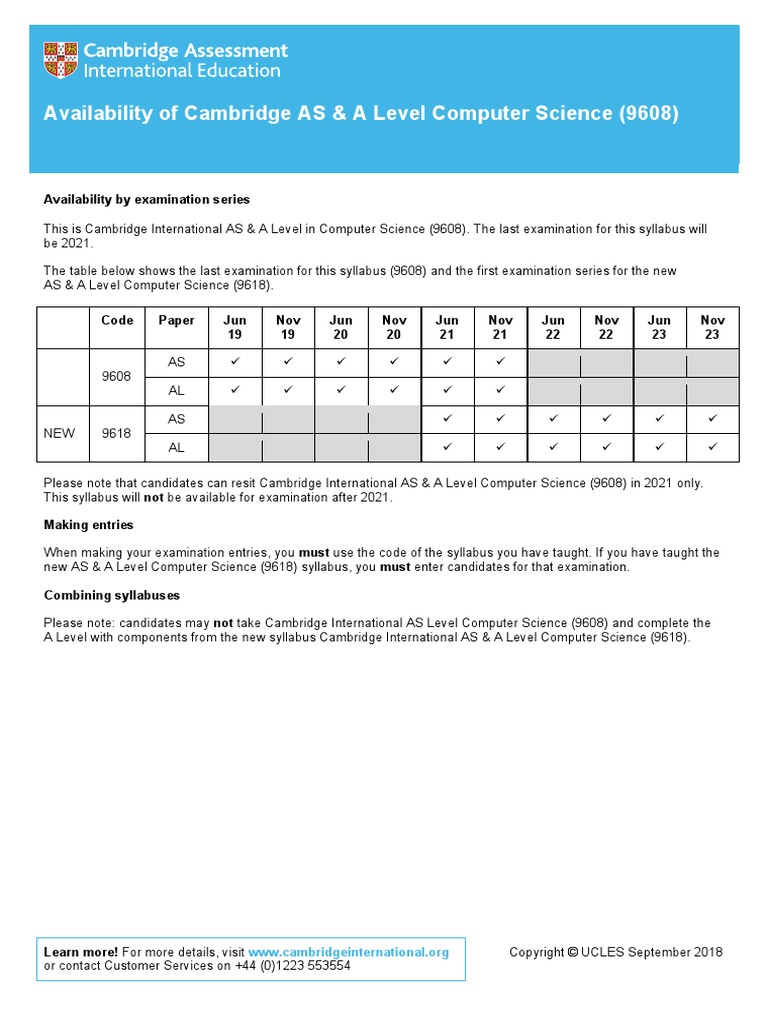Availability of Cambridge AS & A Level Computer Science (9608) | PDF