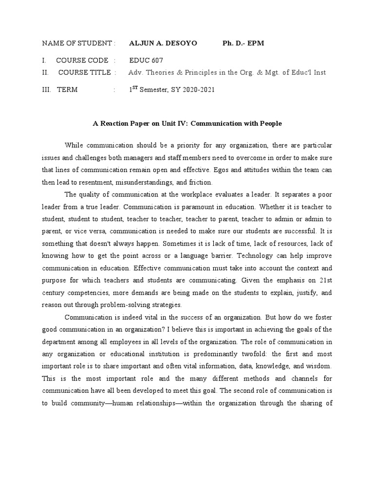 Reaction Paper On Educational Planning at The Institute Level | PDF ...
