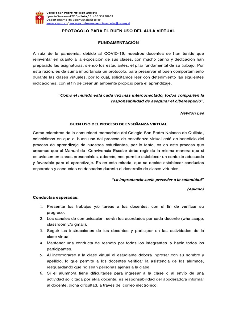 Protocolo para El Buen Uso Del Aula Virtual PDF | PDF