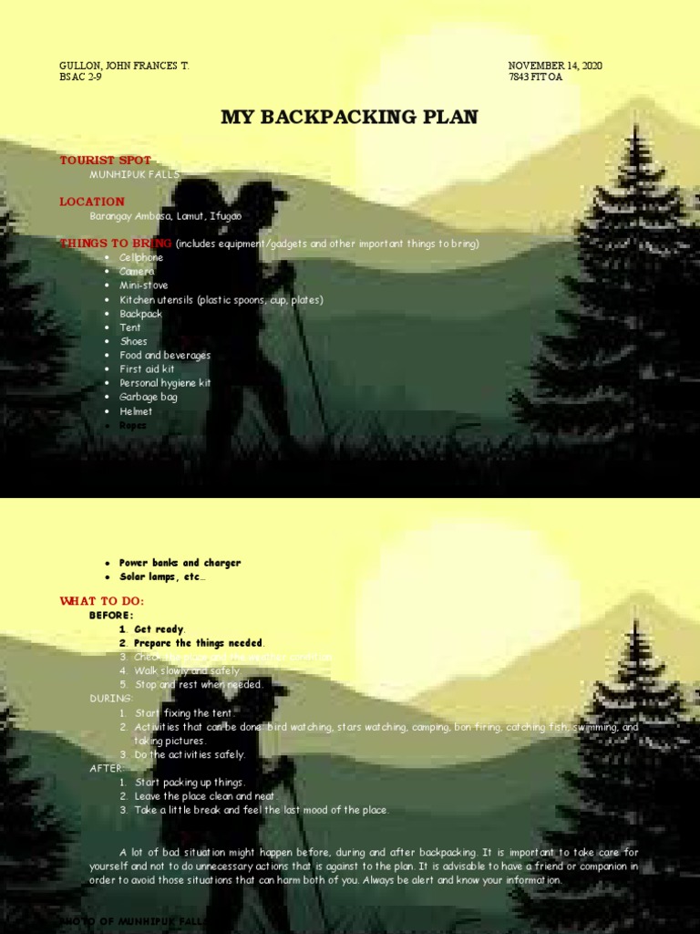 My Backpacking Plan: Tourist Spot Location | PDF