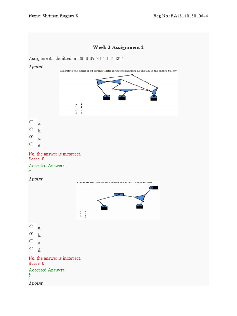 Shriman Raghav S's Week 2 Assignment 2 Results: Multiple Choice Questions on Letters A through D ...