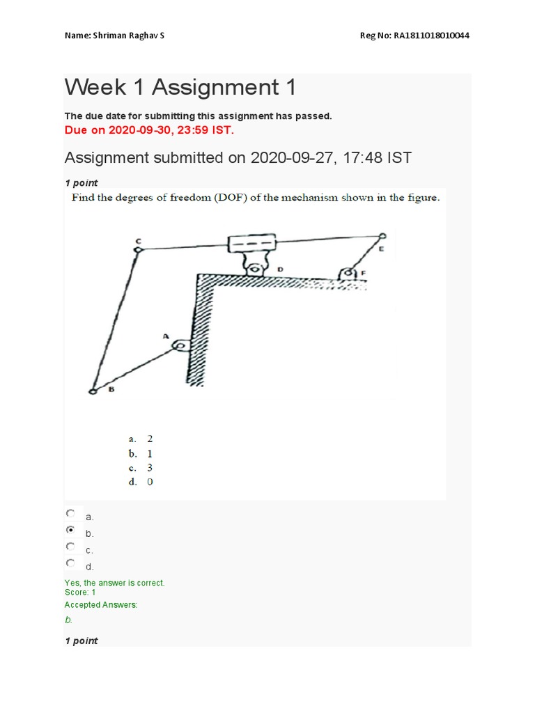 Week 1 Assignment 1: Assignment Submitted On 2020-09-27, 17:48 IST | PDF