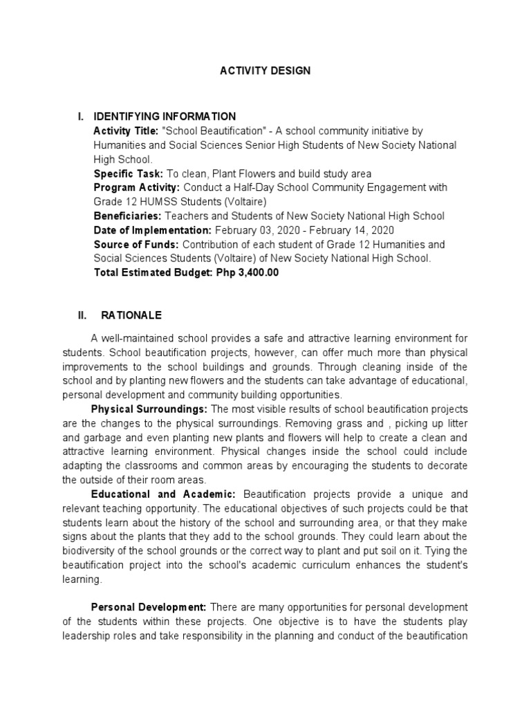 School Beautification Activity Design | PDF | Schools | Community