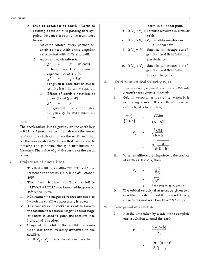 Orbital or Critical Velocity (V) :: Gravitation 3 | PDF | Orbit | Acceleration