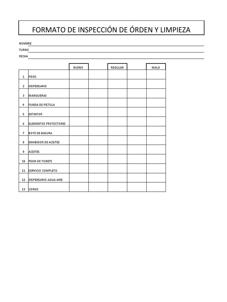 Formato de Inspección de Órden y Limpieza | PDF