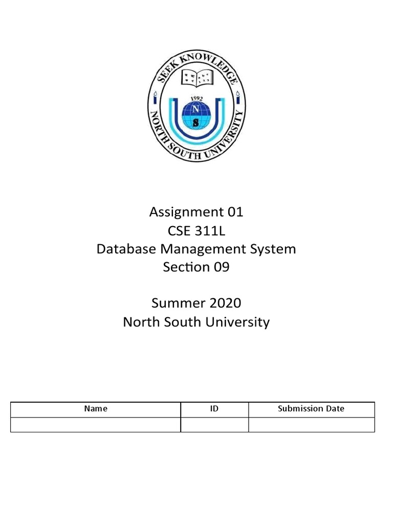 Assignment 01 Cse 311l Database Management System Section 09 Summer 2020 North South University