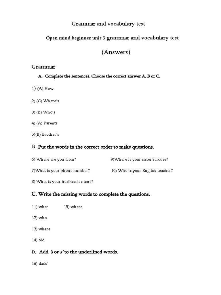 Grammar and Vocabulary Test | PDF