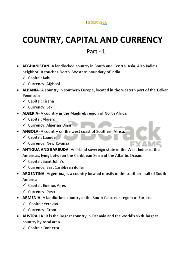 Country, Capital and Currency: Part - 1 | PDF | West Indies | Caribbean