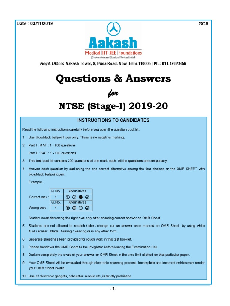 NTSE Stage-I 2019-20 Question Paper | PDF | Electron | Mass