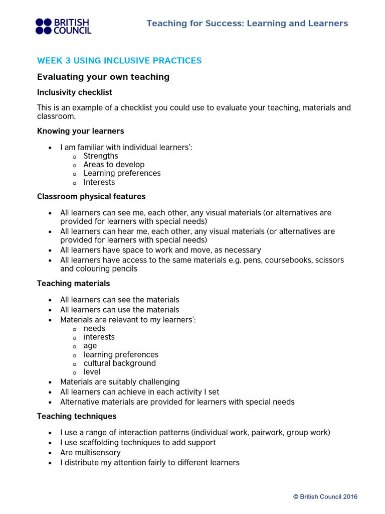 Evaluating Your Own Teaching: Week 3 Using Inclusive Practices | PDF