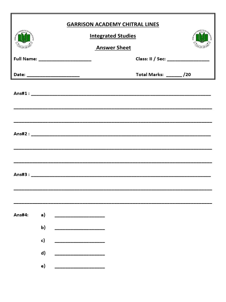 Integrated Studies Answer Sheet - Grade 2 | PDF