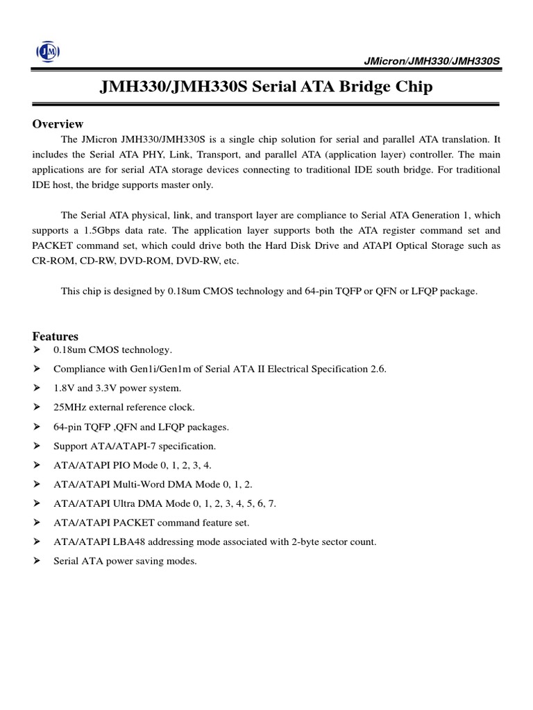 JMH330/JMH330S Serial ATA Bridge Chip | PDF