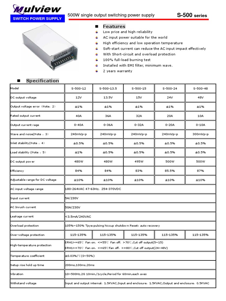 S-500 Series Datasheet | PDF | Power Supply | Mains Electricity