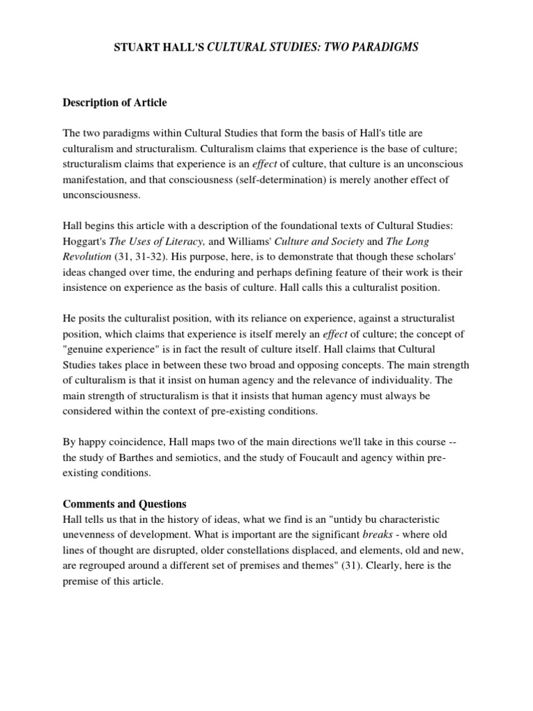 Stuart Halls Cultural Studies Two Paradigms Essay Analysis | PDF