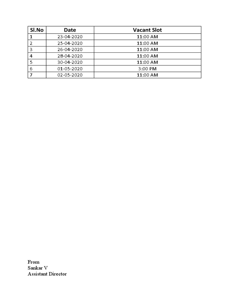 SL - No Date Vacant Slot | PDF