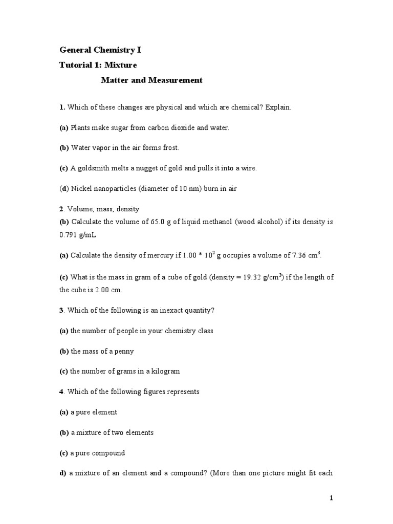 General Chemistry I - Tutorial 1 | PDF | Density | Supercritical Fluid