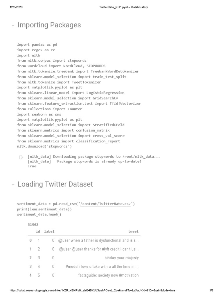 Importing Packages: Id Label Tweet 0 1 2 3 4 | PDF | Accuracy And ...